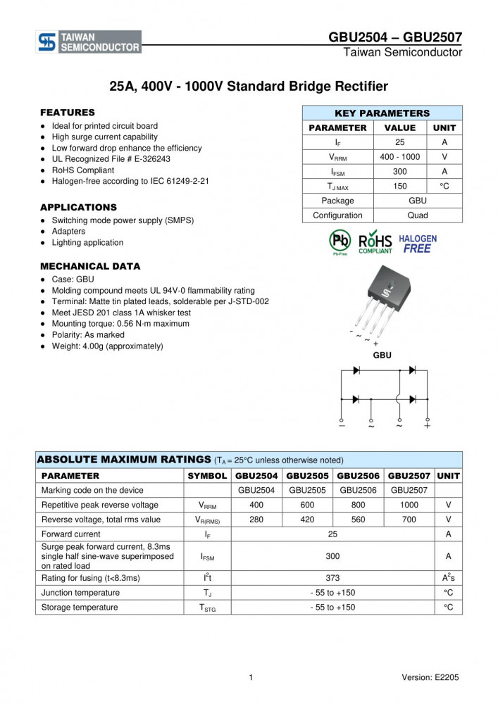 GBU2507 datasheet page 1