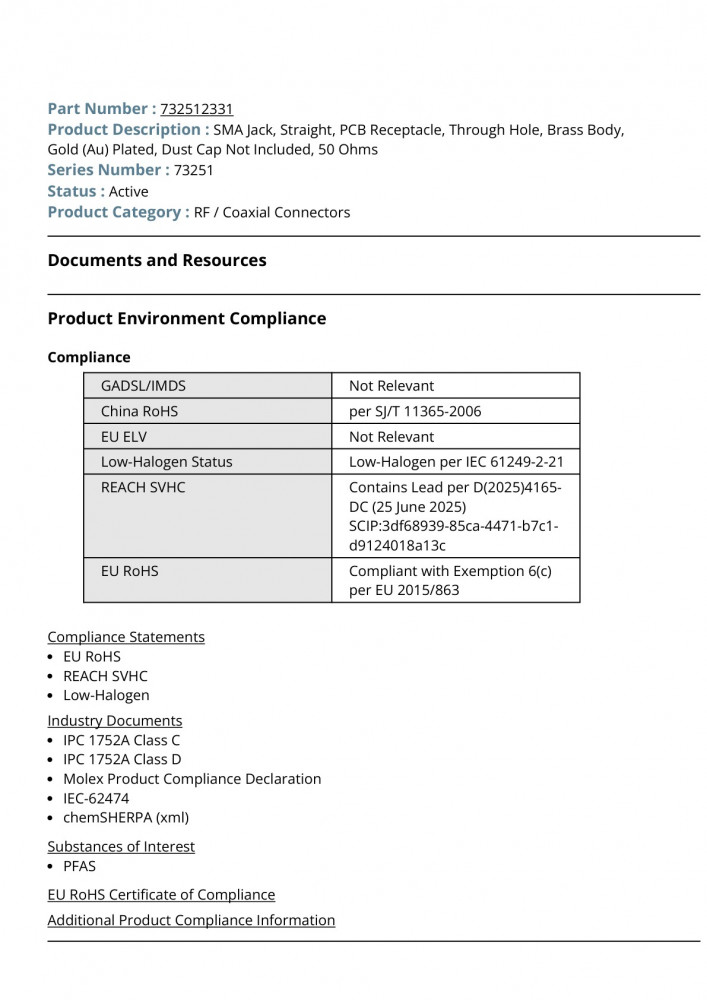 Technical document page 1 for MOLEX 732512331