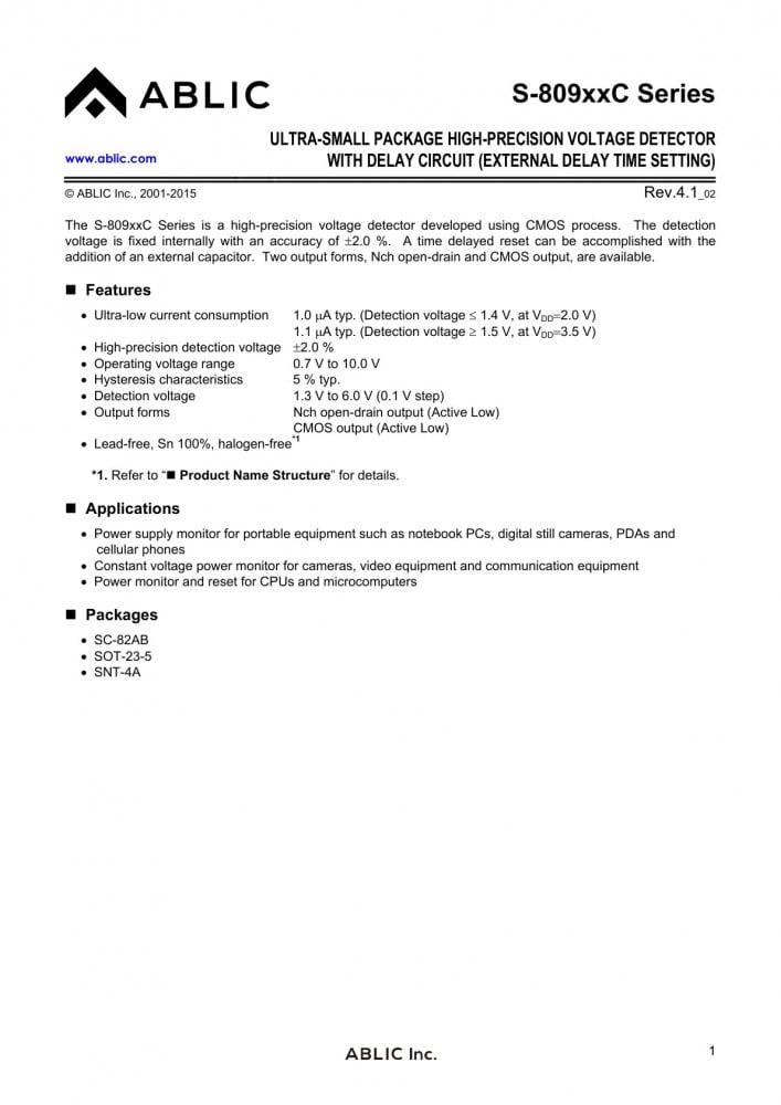 ABLIC S-809xxC datasheet page 1