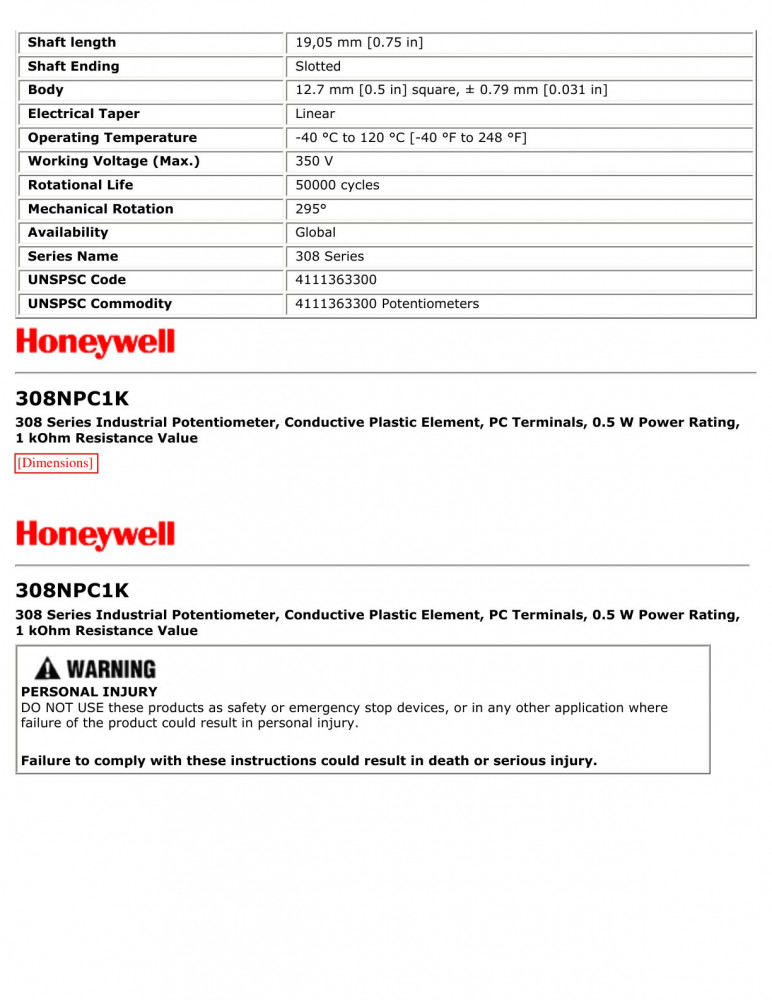 Honeywell 308NPC1K document page 2