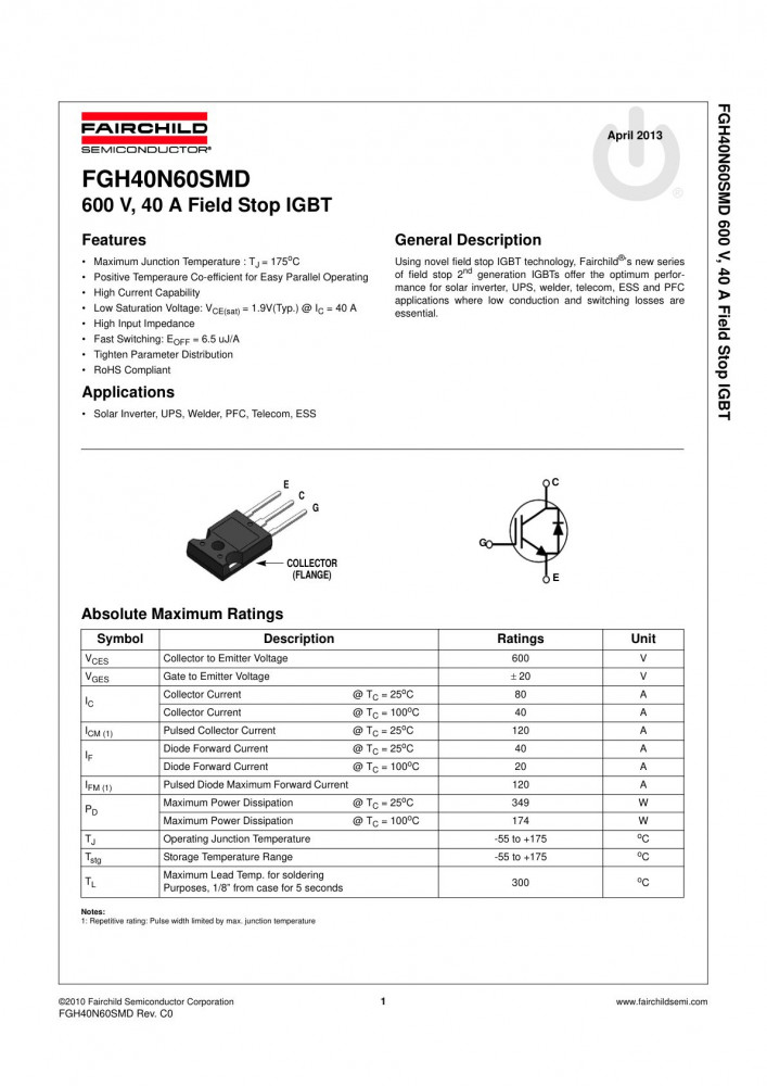 FGH40N60SMD datasheet page 1