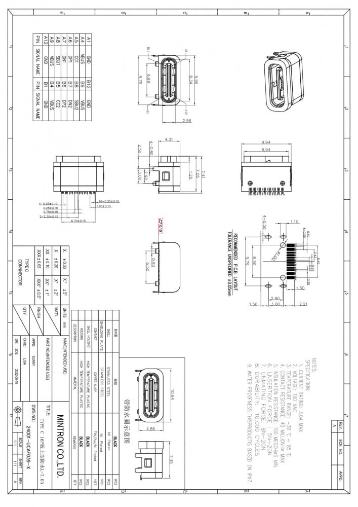 MINTRON 24001-UCAF039-X technical drawing and specification page