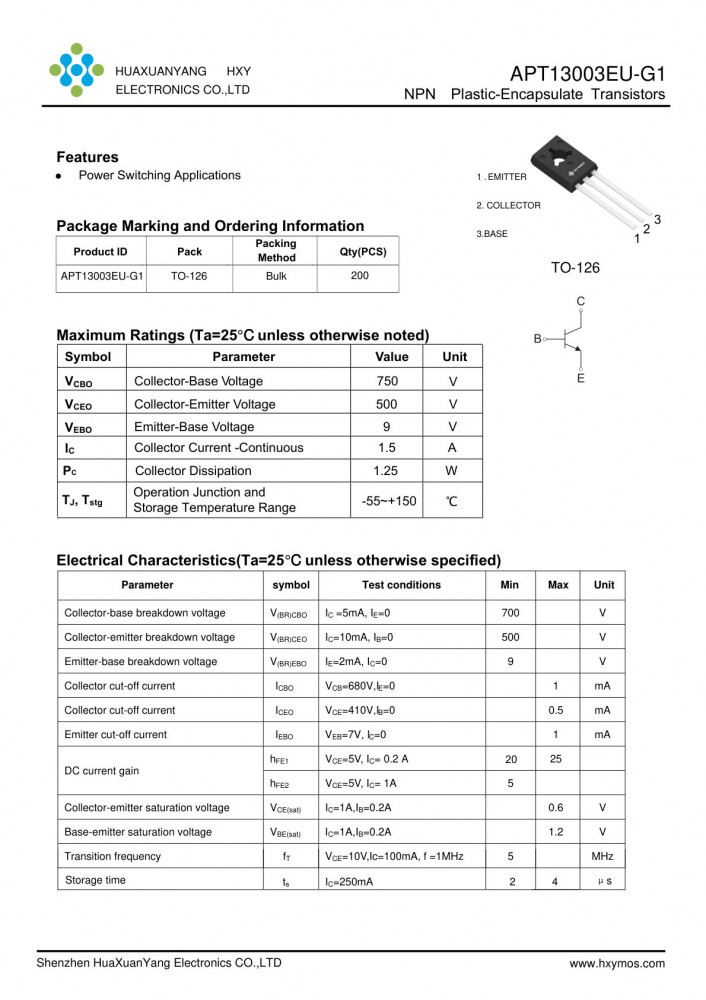 APT13003EU-G1-HXY technical documentation page 1
