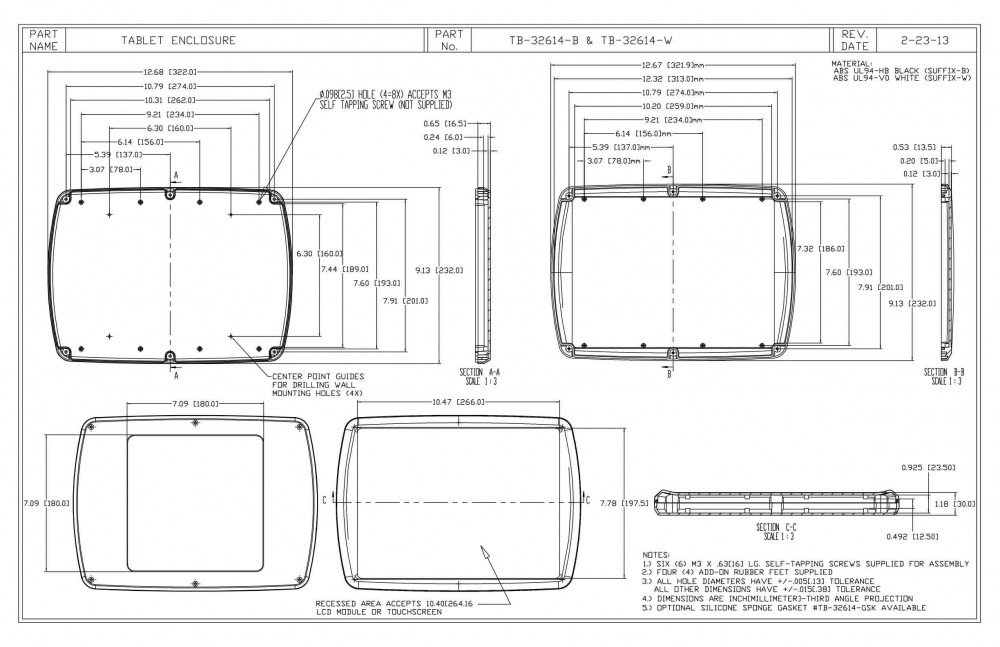 Bud Industries tablet enclosure technical drawing for TB-32614-B and TB-32614-W