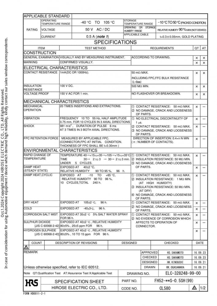 HRS FH52-11S-0.5SH(99) specification sheet page 1