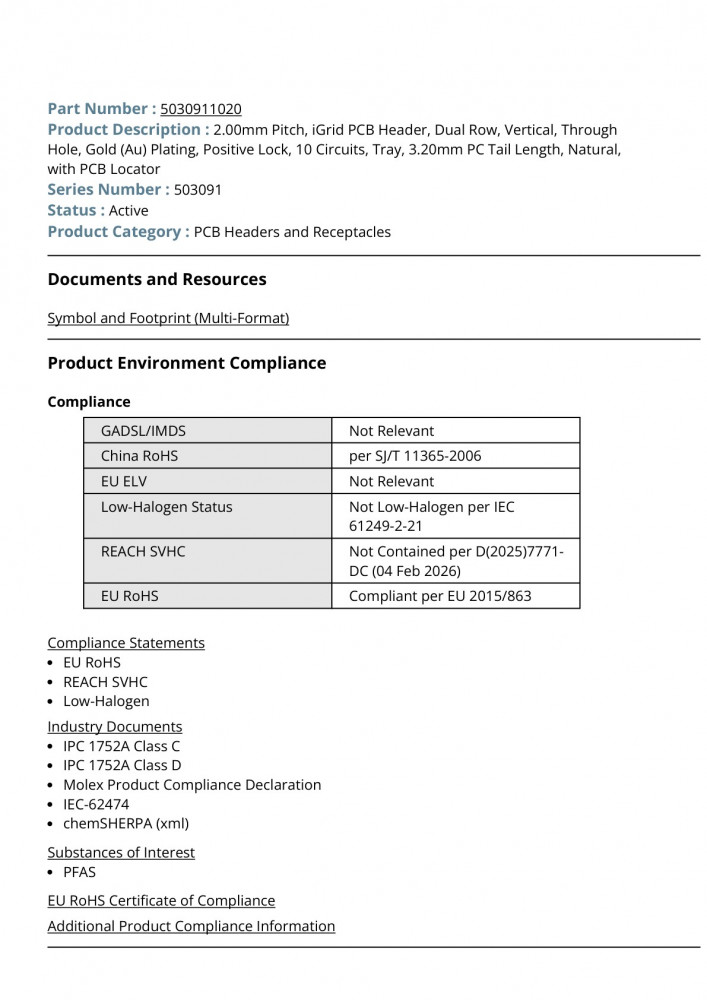 Technical document image 1 for MOLEX 5030911020