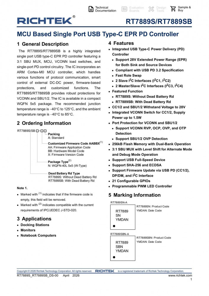 RT7889S and RT7889SB datasheet page 1