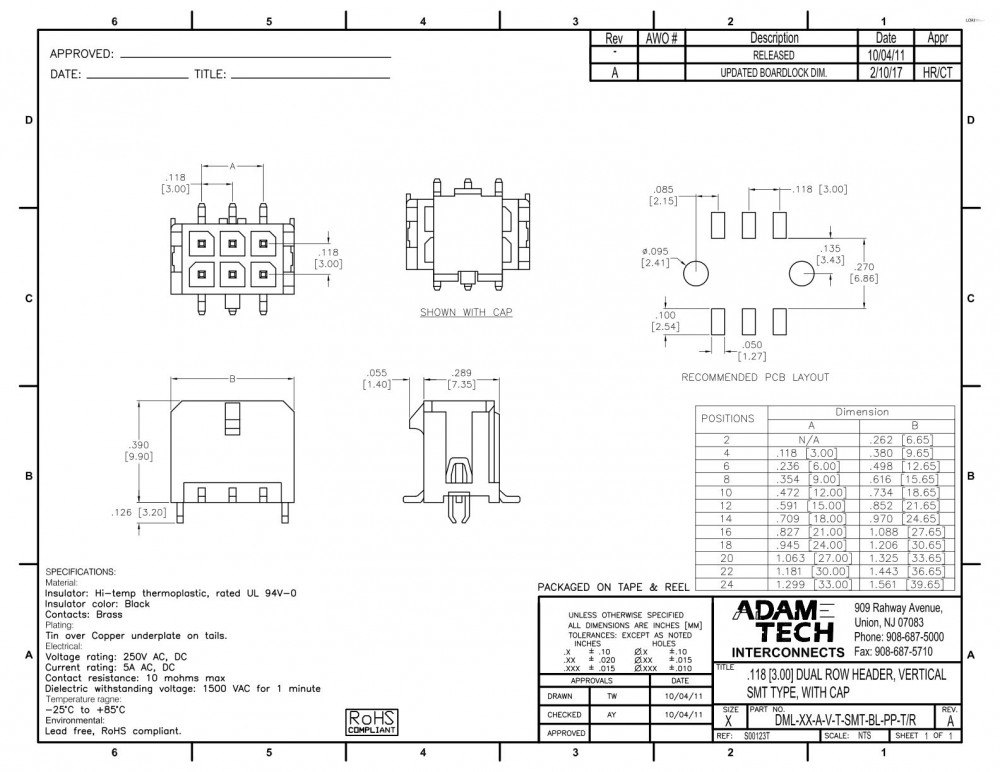 ADAM TECH DML-14-A-V-T-SMT-BL-PP-T/R technical drawing
