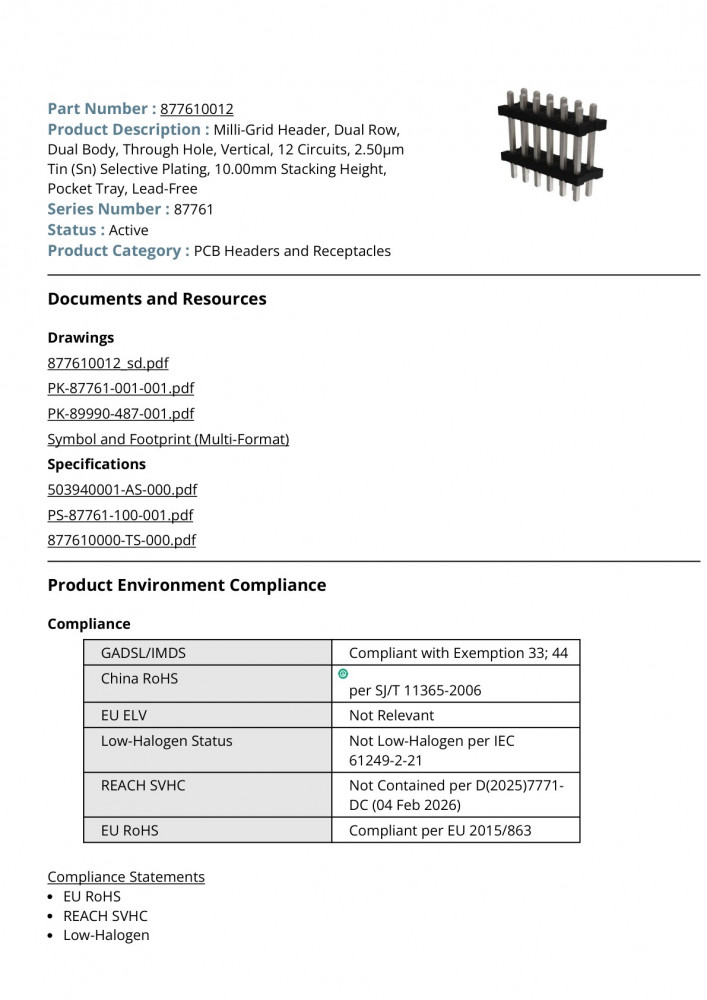 MOLEX 877610012 technical document page 1