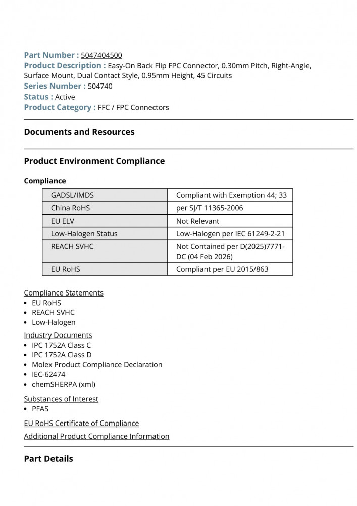 MOLEX 5047404500 technical document image 1