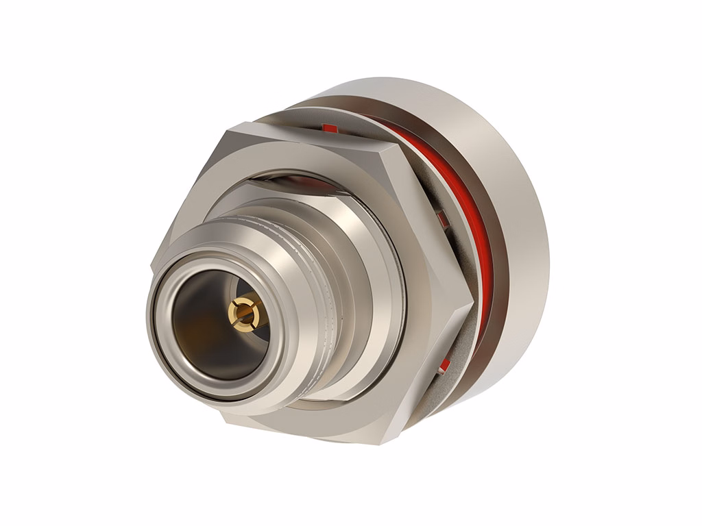 N Jack, Straight, Bulkhead, Crimp, RG-178, RG-196 Cable, Brass Body, Nickel (Ni) Plated, with Jam Nut and Lockwasher, IP68, Tray, 50 Ohms