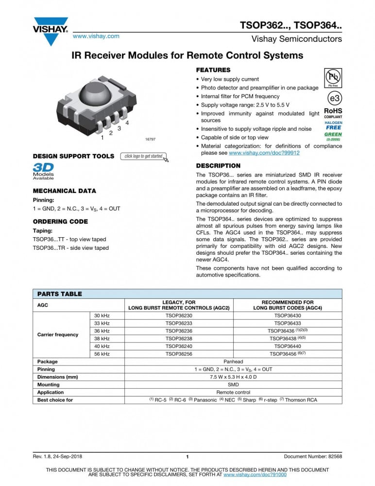 TSOP36438TT datasheet page 1
