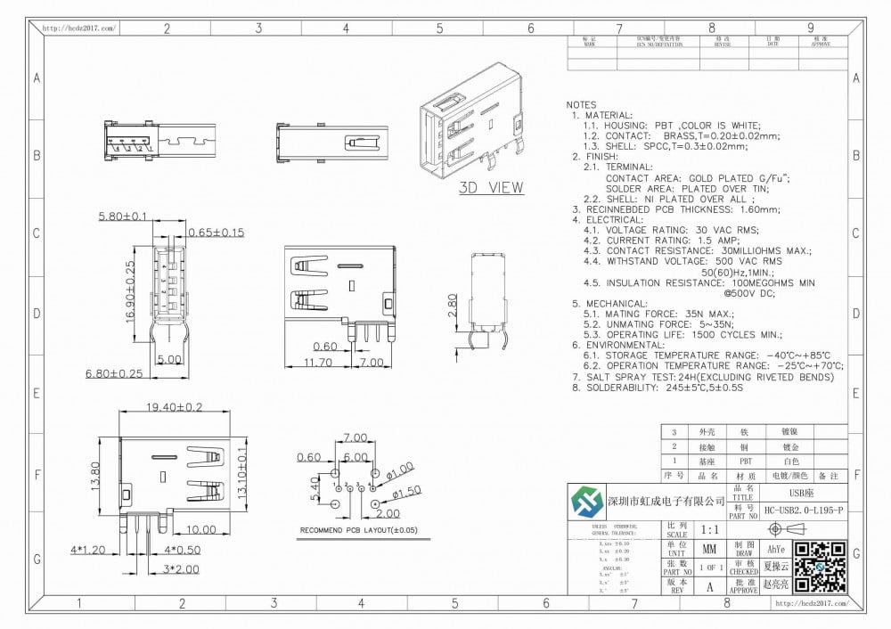 HC-USB2.0-L195-P technical drawing