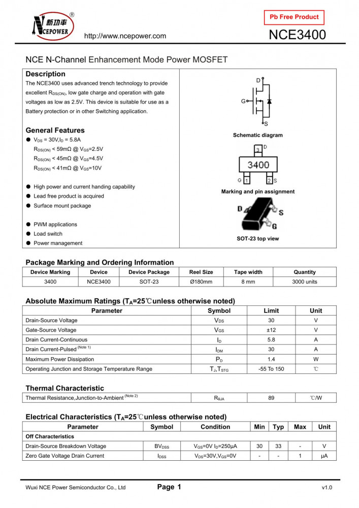 NCE3400 datasheet page 1