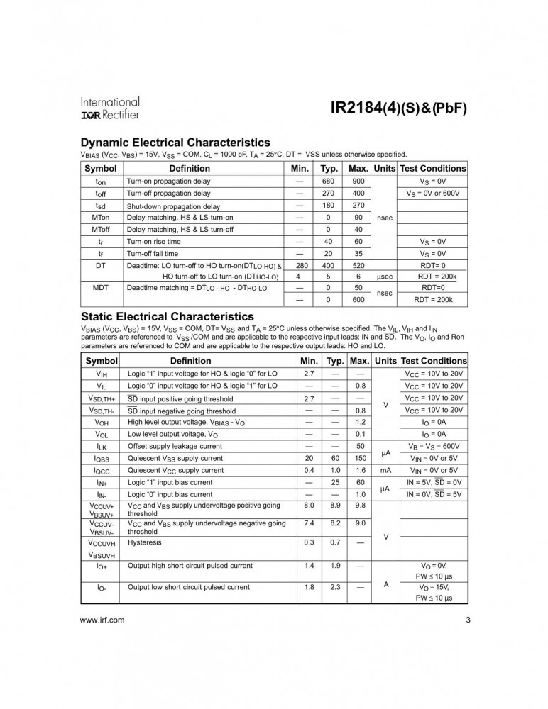 IR2184SPBF datasheet page 3