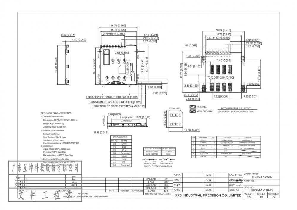 XKSIM-1511B-P9 technical drawing and specifications
