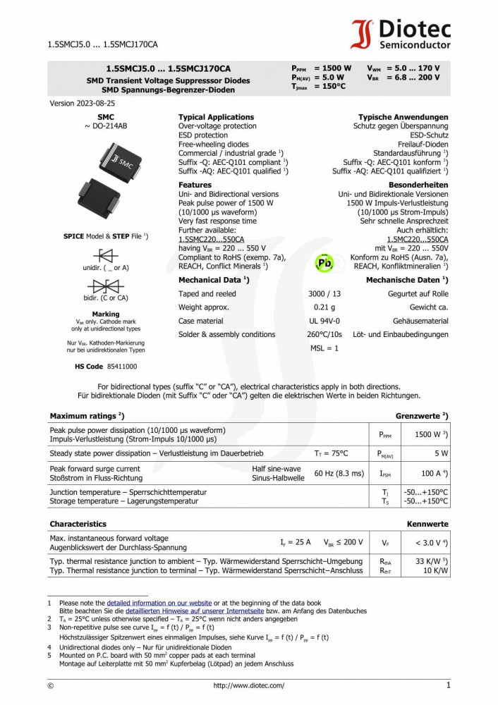 DIOTEC 1.5SMCJ series datasheet page 1
