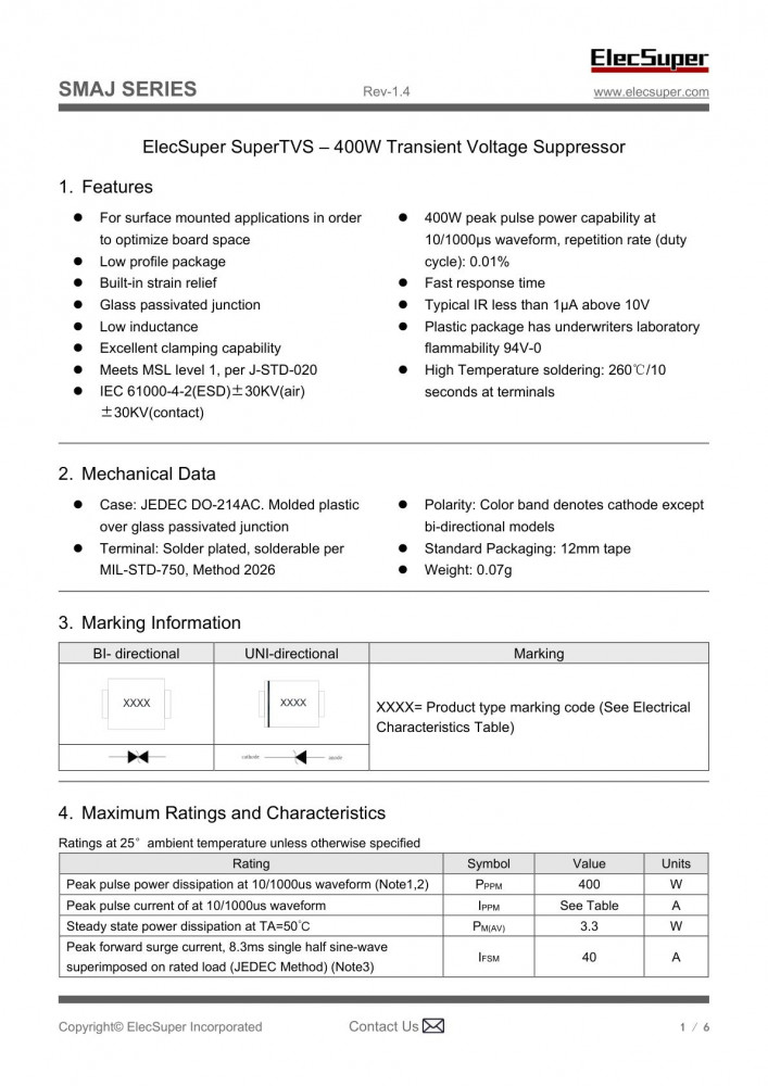 ElecSuper SMAJ series datasheet page 1