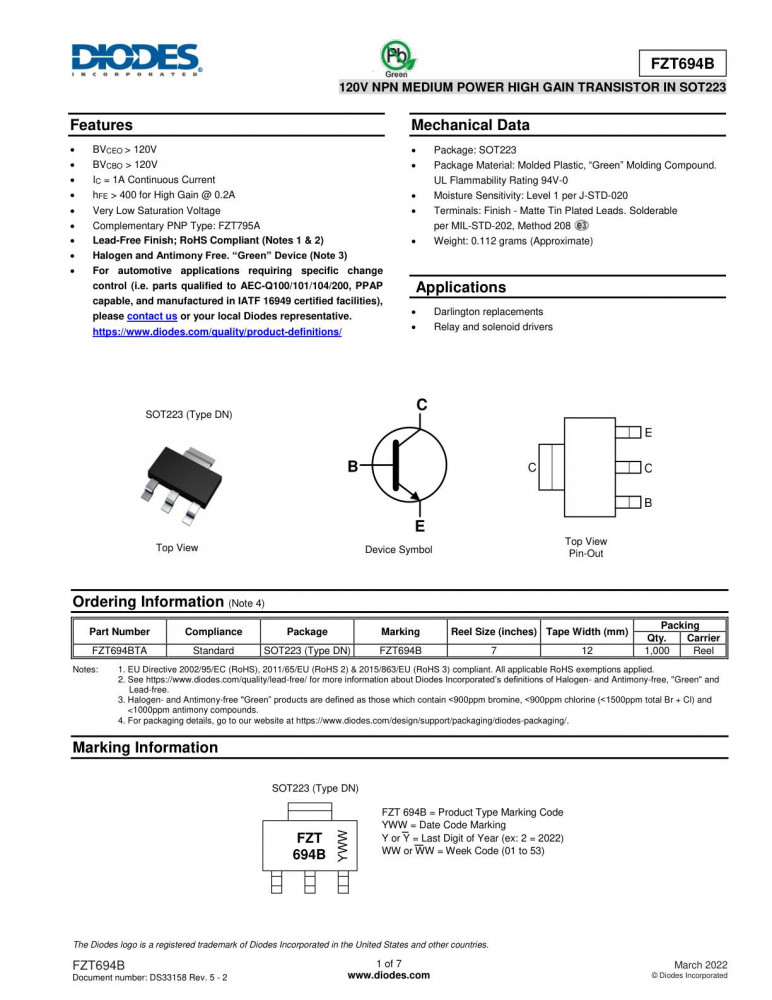 FZT694BTA datasheet page 1