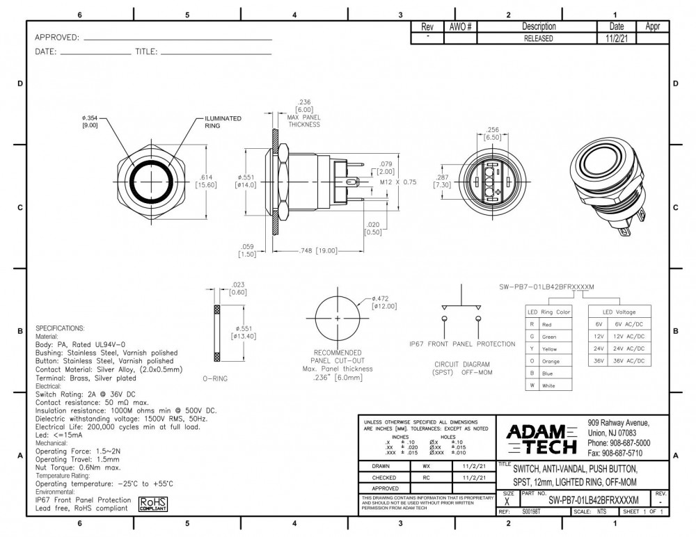 ADAM TECH pushbutton switch drawing reference