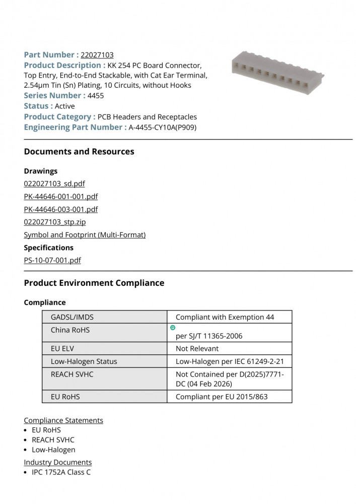MOLEX 22027103 technical document image, page 1