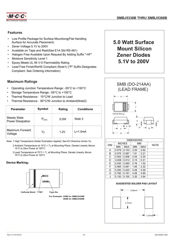 MCC SMBJ5342B-TP datasheet page 1