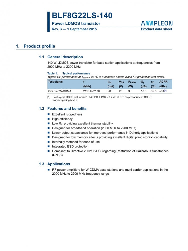 BLF8G22LS-140U datasheet page 1