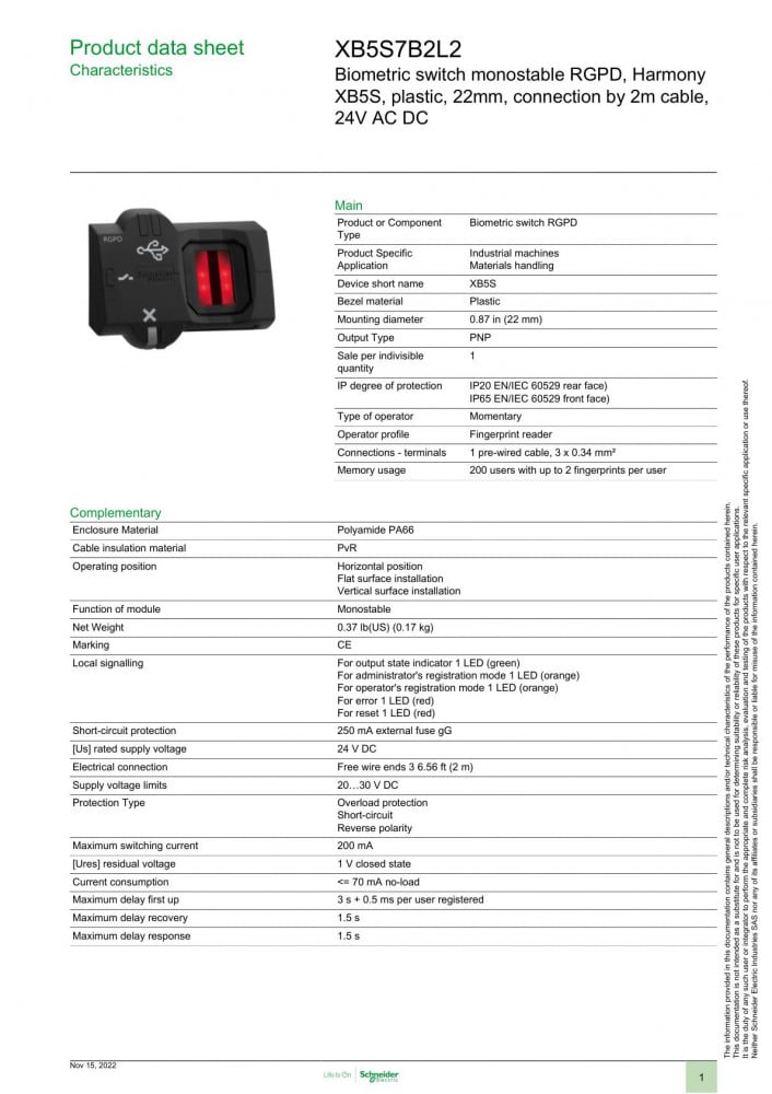 XB5S7B2L2 technical document page 1