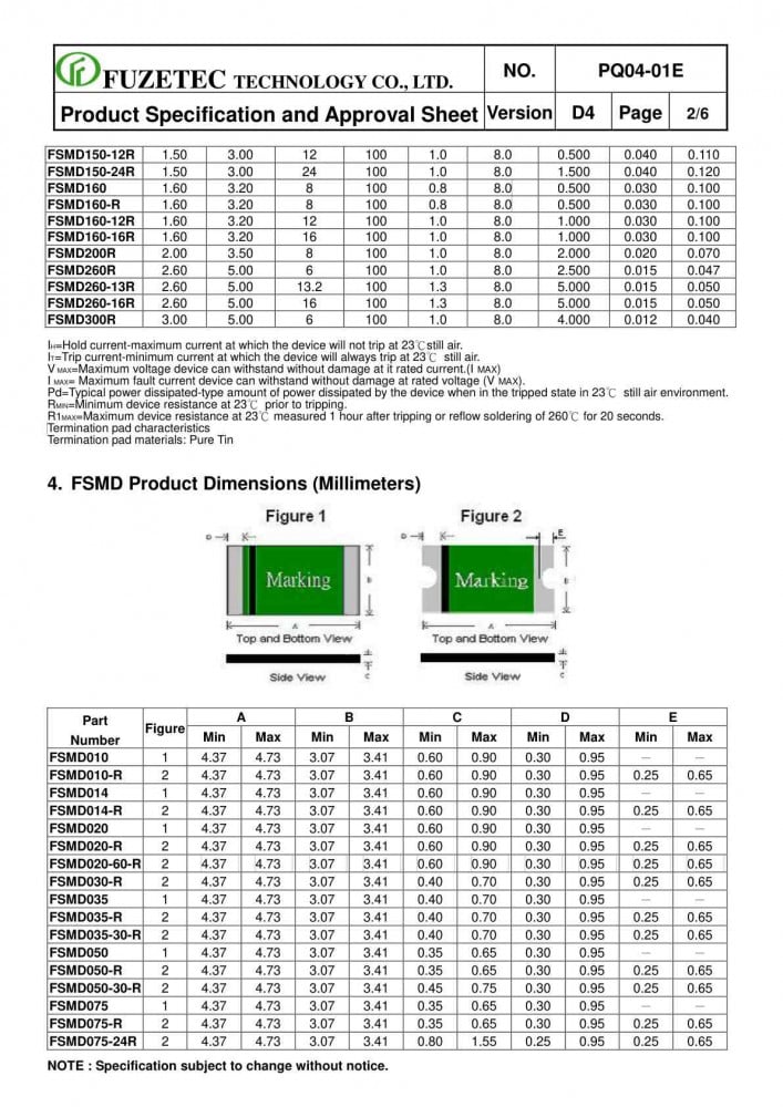 FUZETEC FSMD specification sheet page 2