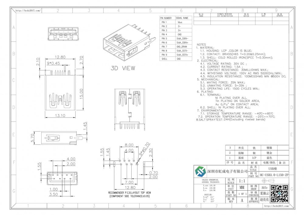 HC-USB3.0-L150-ZP technical document page