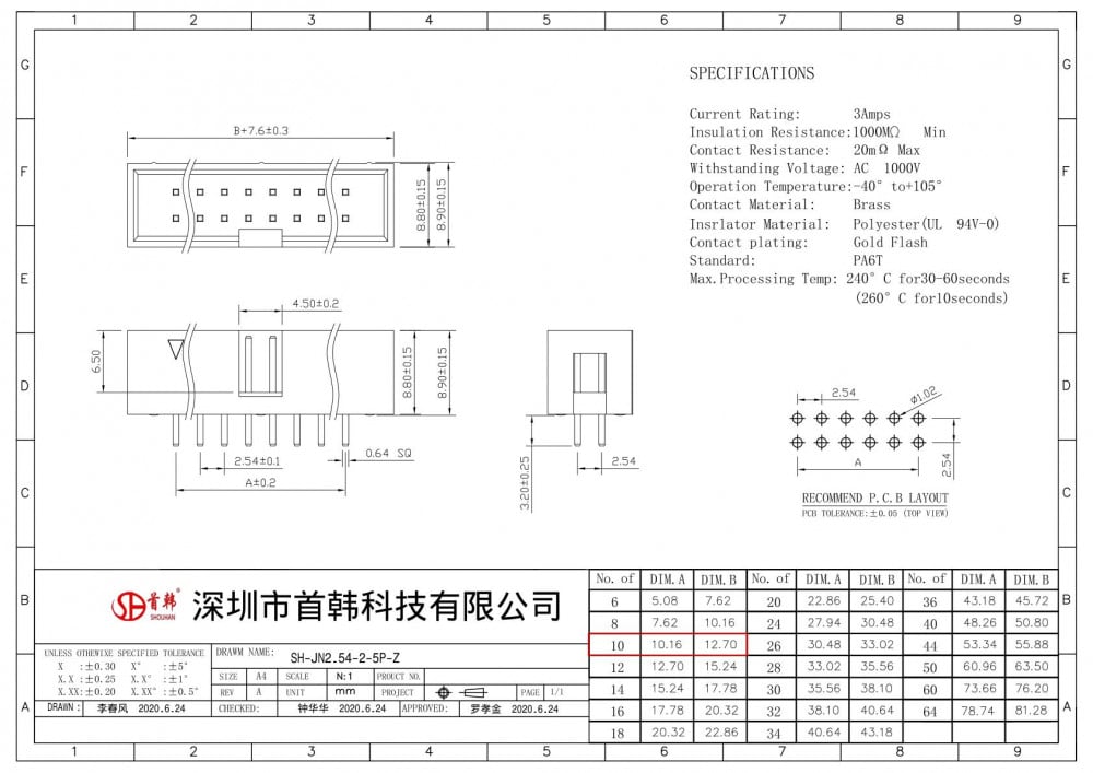 SH-JN2.54-2-5P-Z technical drawing