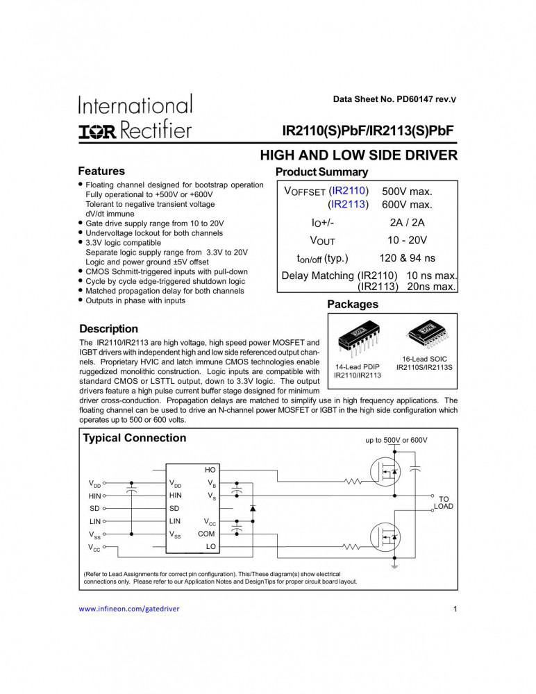 IR2113SPBF technical document page 1