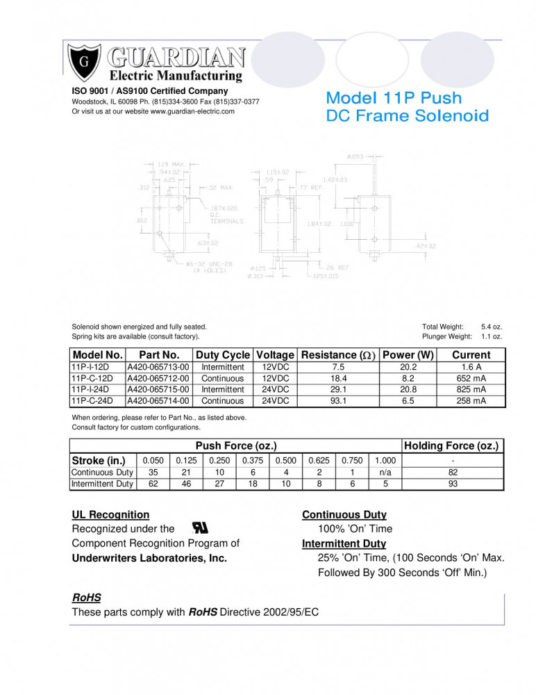 JRH Electronics 11P push DC frame solenoid technical document image