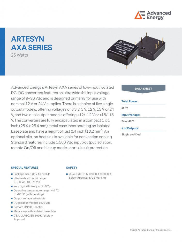 Artesyn AXA series datasheet page 1