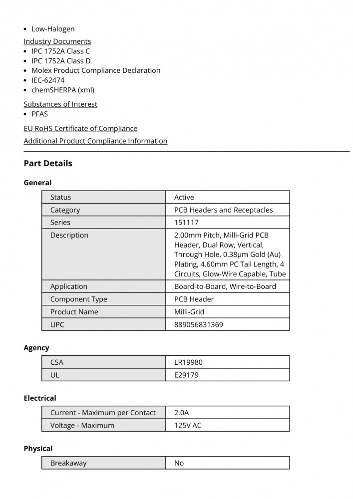 MOLEX 151117 series product specification page 2