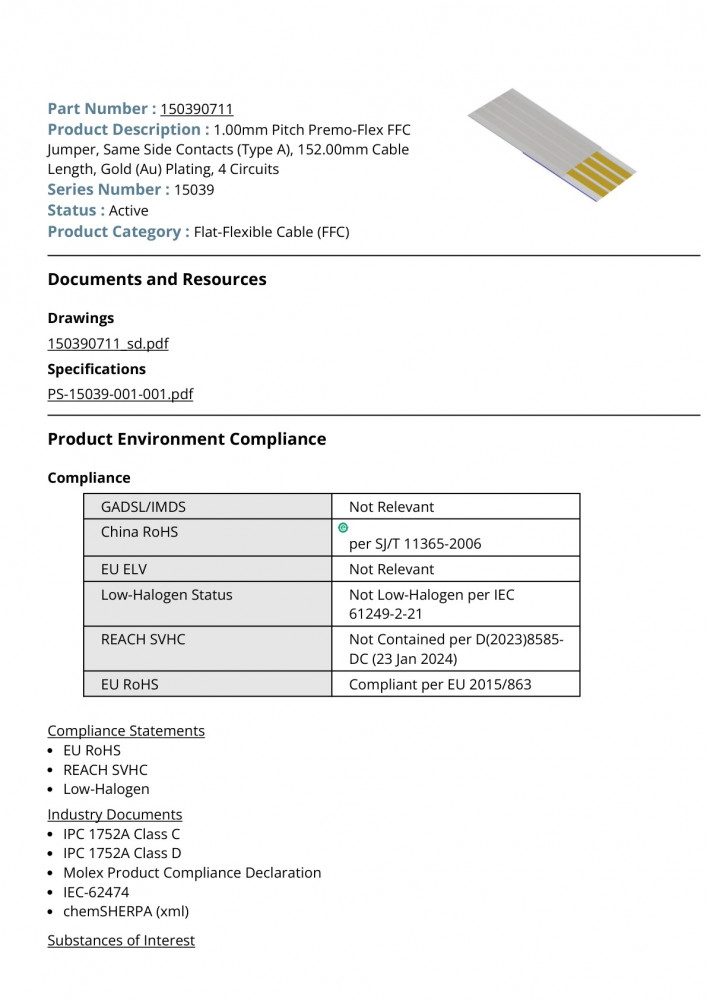 Molex 1.00 mm pitch FFC family specification, page 1