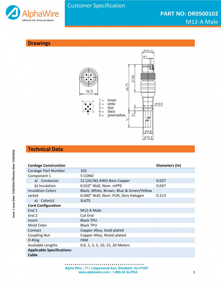 Alpha Wire DR0500102 technical drawing page 1