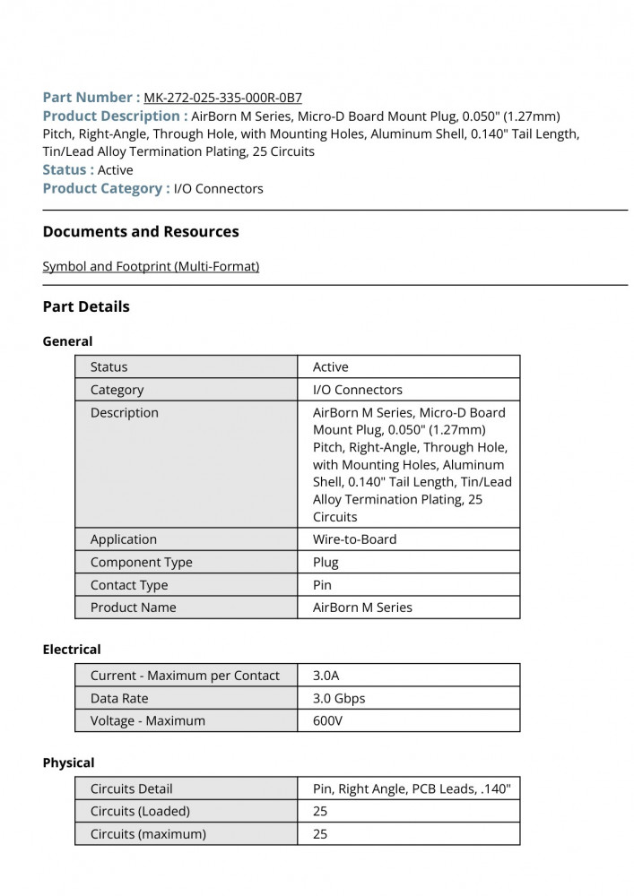 Technical document page 1 for the AirBorn M Series Micro-D board-mount plug