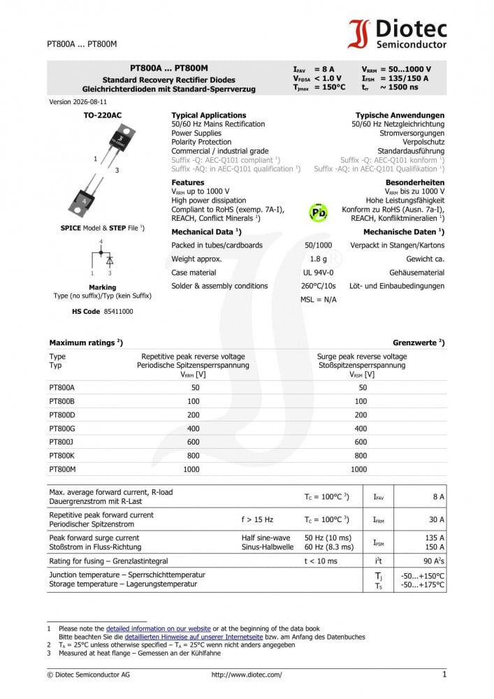 DIOTEC PT800 series datasheet page 1