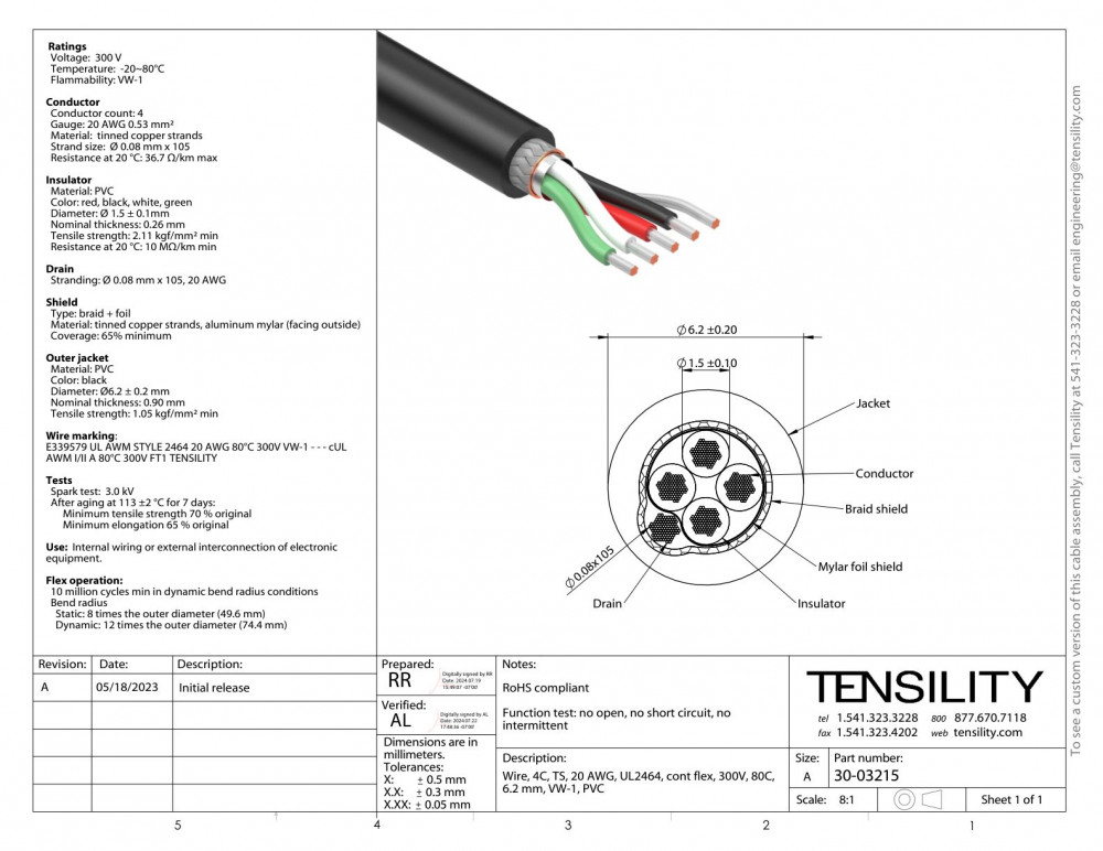 Tensility International 30-03215 cable specification drawing