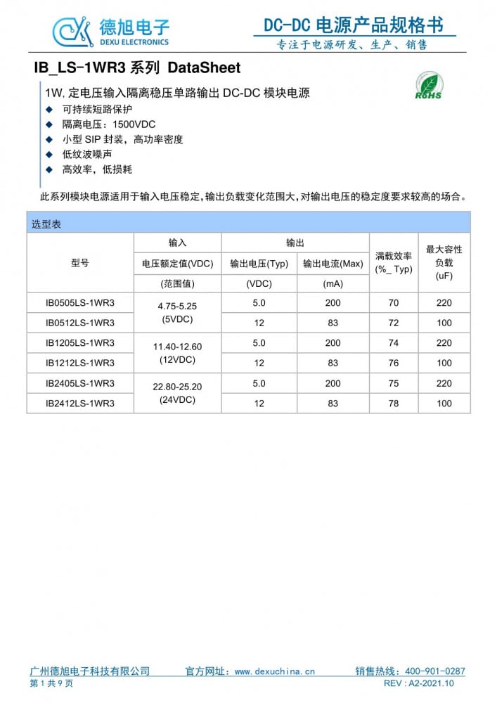 DEXU IB0505LS-1WR3 datasheet page 1