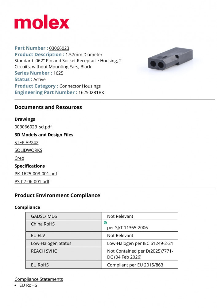 MOLEX .062 Miniature Pin Terminals specification page 1