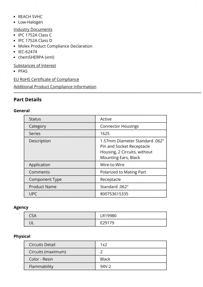 MOLEX .062 Miniature Pin Terminals specification page 2