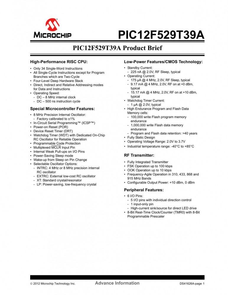 PIC12F529T39A product brief page 1