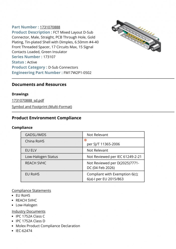 MOLEX 1731070888 technical drawing page 1