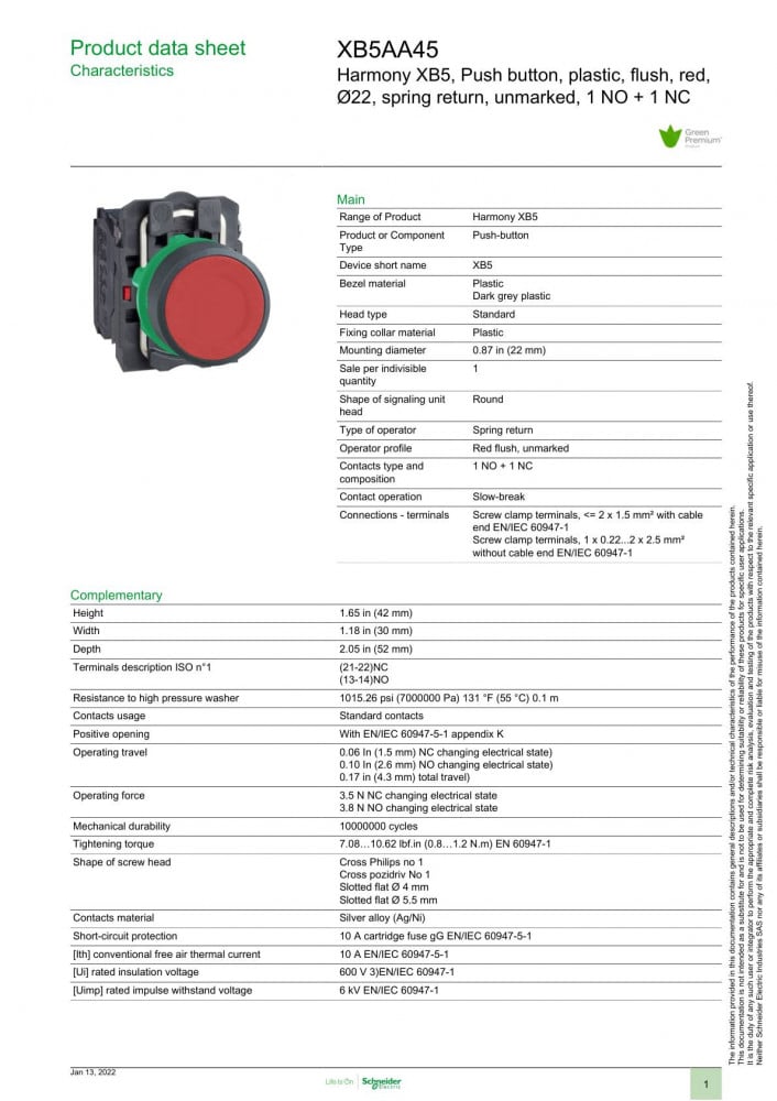 XB5AA45 technical document page 1