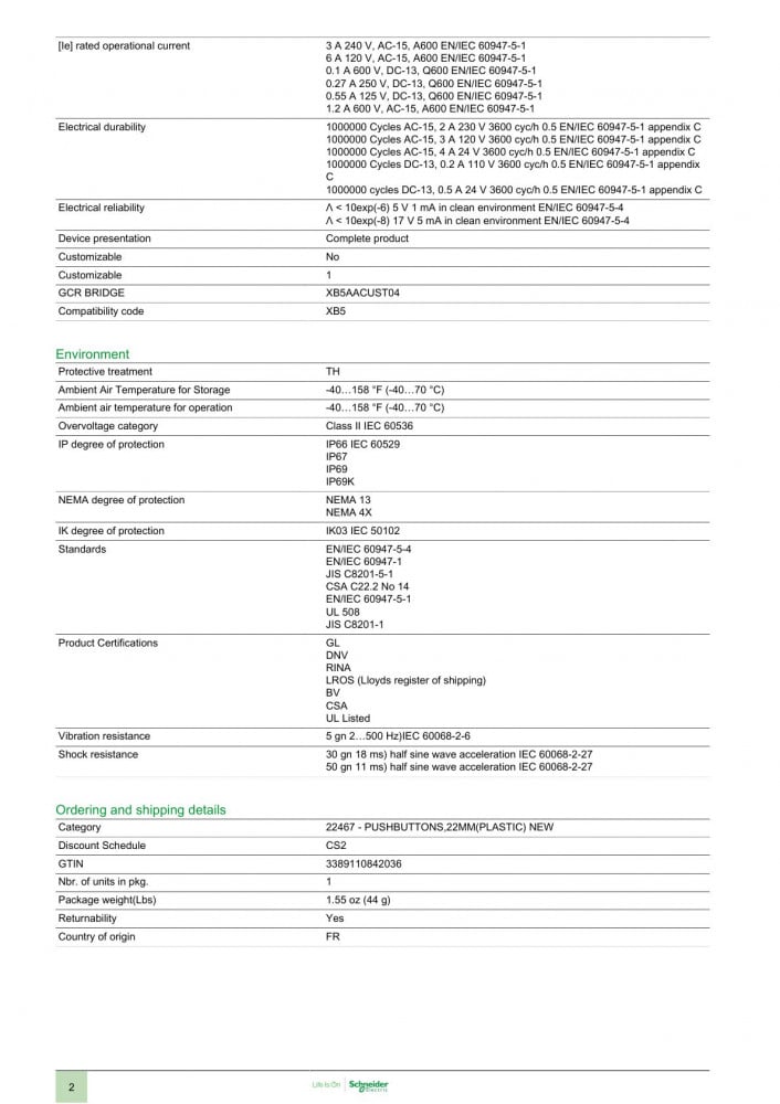 XB5AA45 technical document page 2