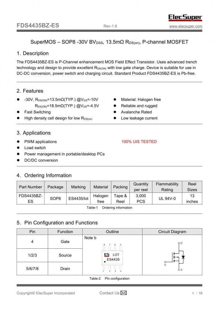 FDS4435BZ-ES datasheet page 1