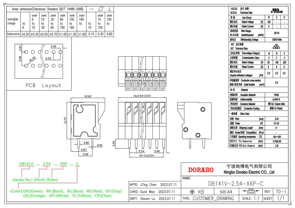 DORABO DB141V-2.54 technical drawing