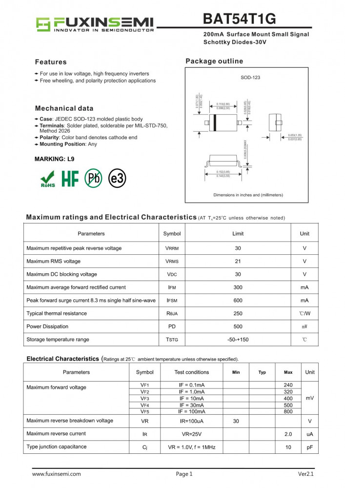 BAT54T1G datasheet page 1
